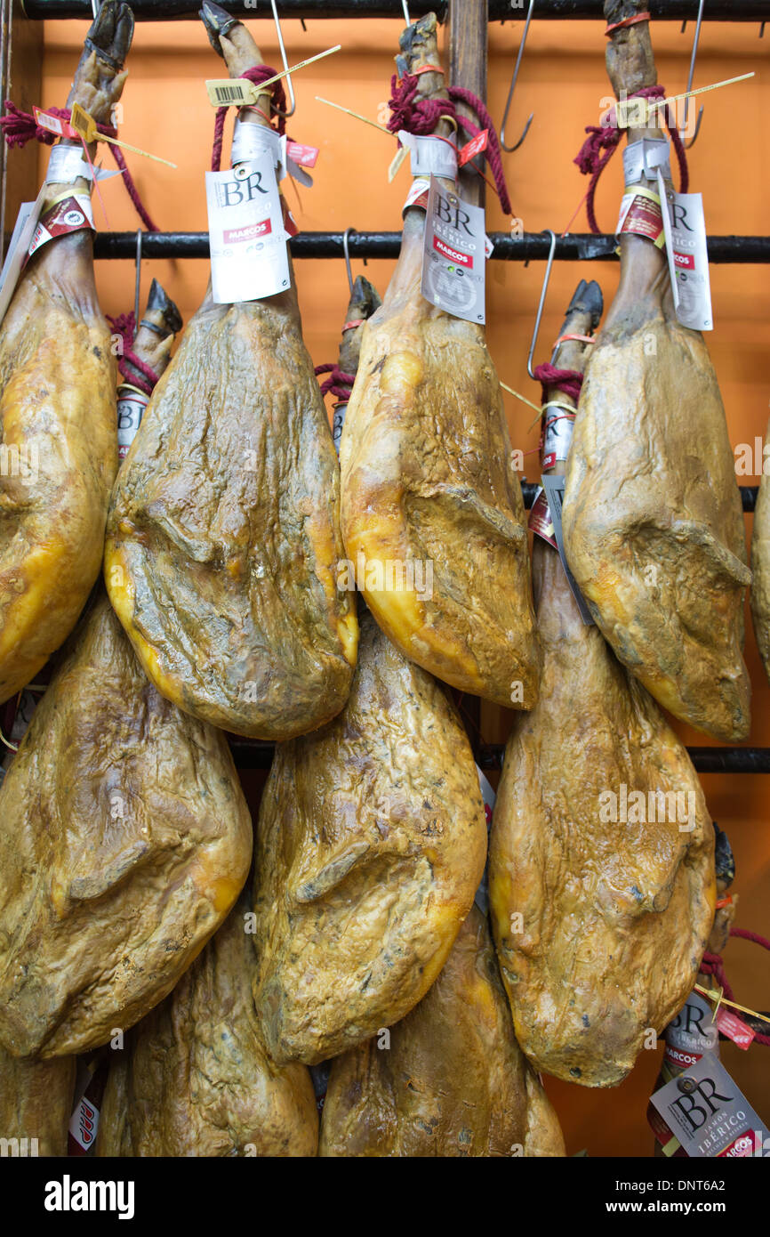 Pork legs hanging inside at La Boutique del Jamon, Ceuta, Province of ...
