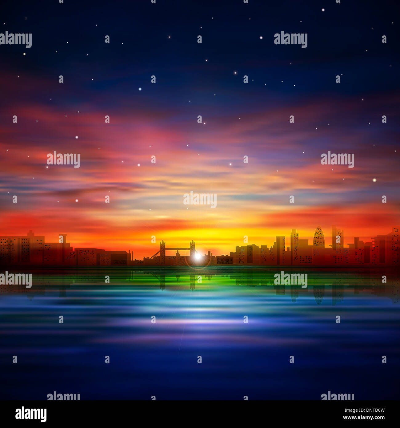 abstract background with silhouette of London and sunset Stock Photo ...