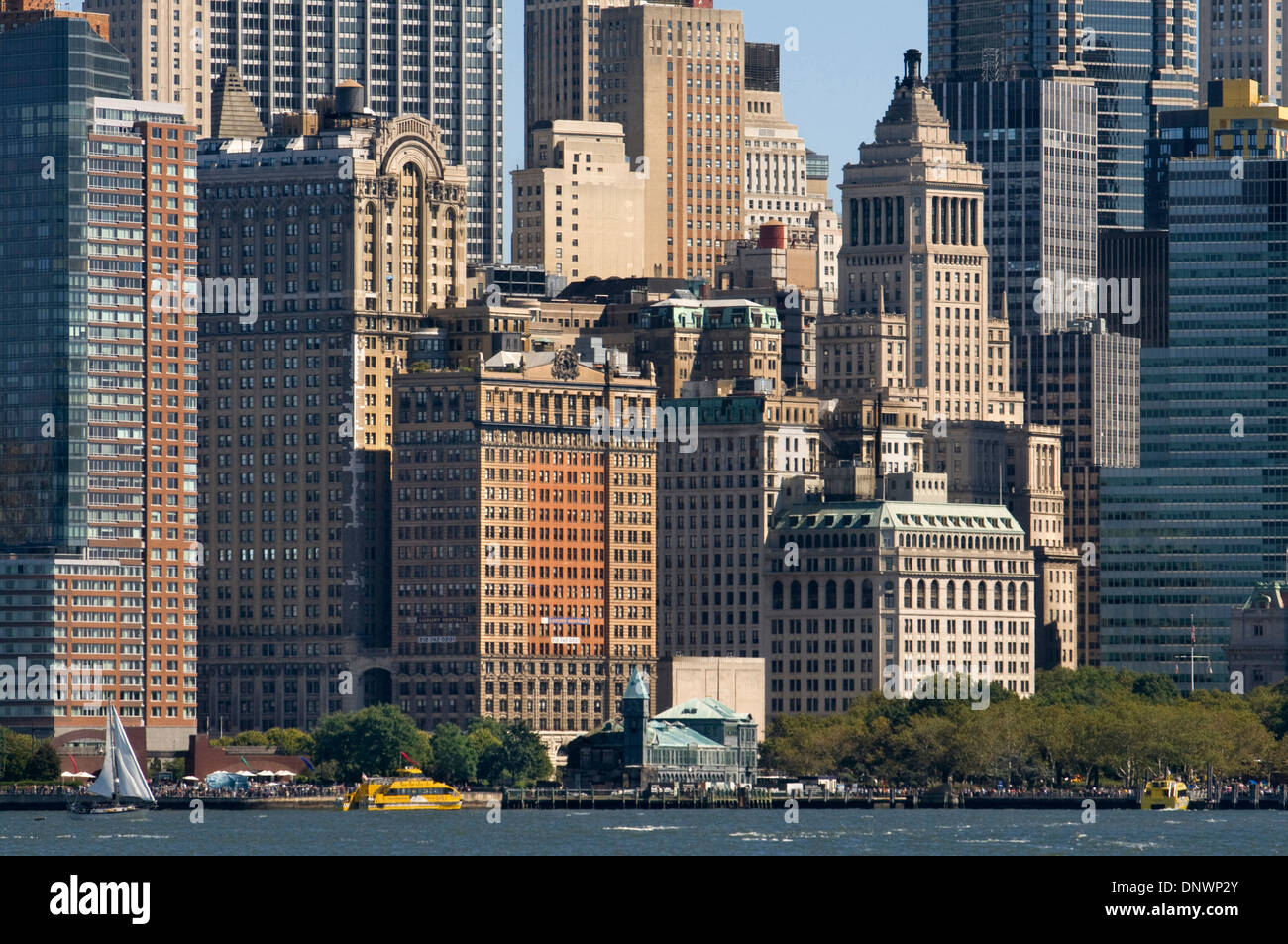 Huge skyscrapers waterfront from Battery Park and Pier A. Pier A in ...