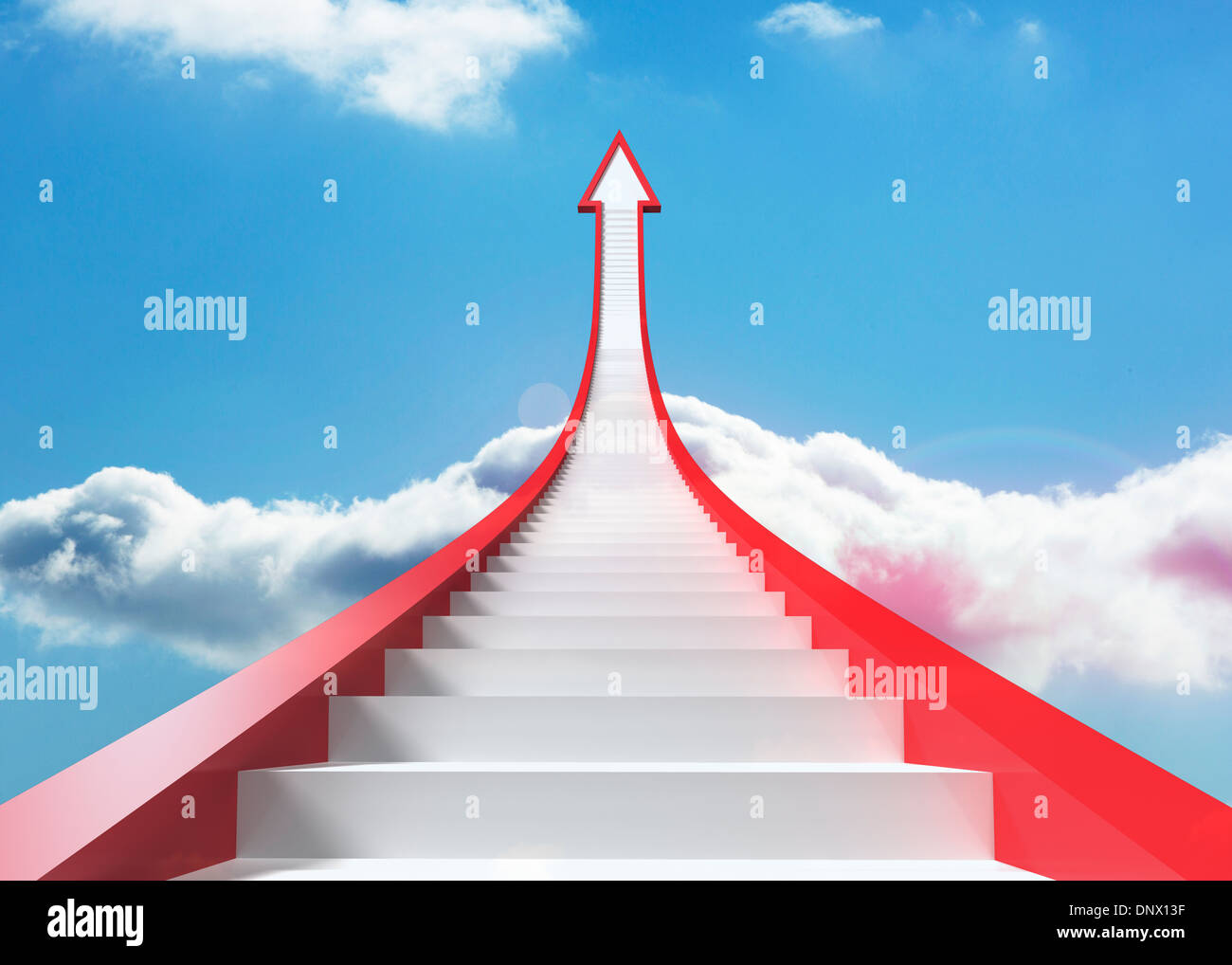Red steps arrow pointing up against sky Stock Photo - Alamy