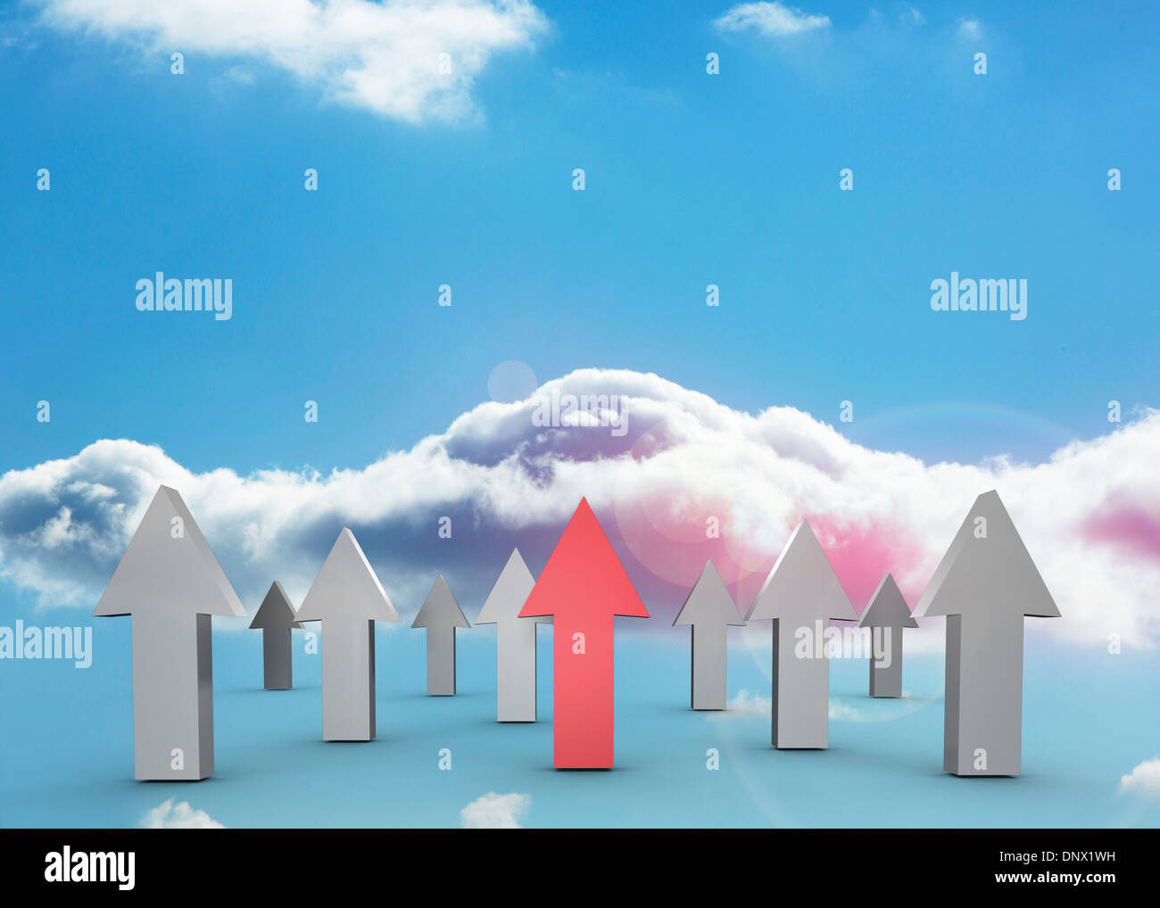 Red and grey arrows pointing up against sky Stock Photo - Alamy