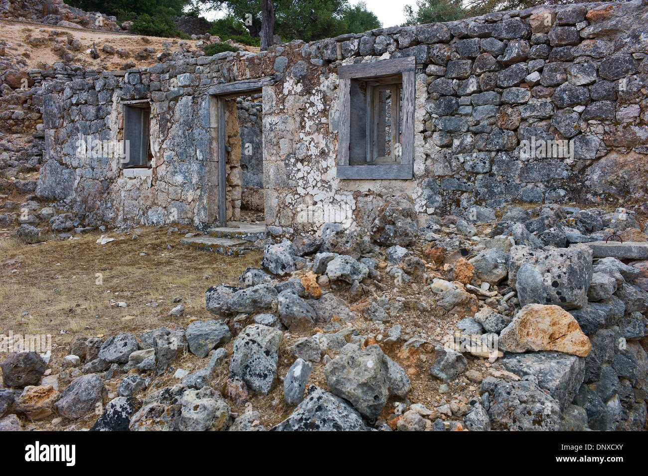 The ruined village of Dihalia, Kefalonia, Greece destroyed by the 1953 ...