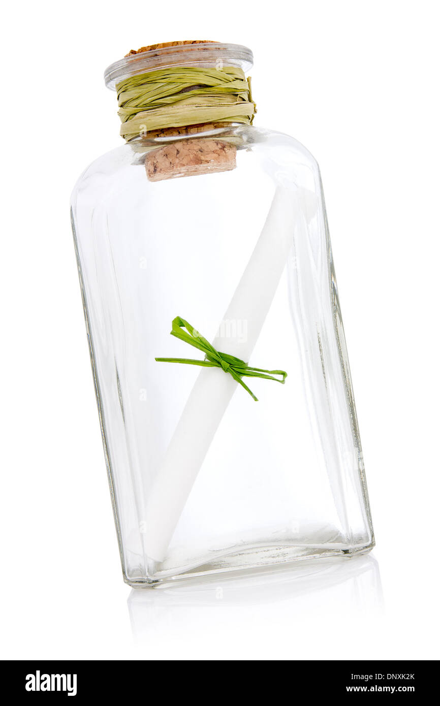 Scroll message in the bottle on white background Stock Photo - Alamy