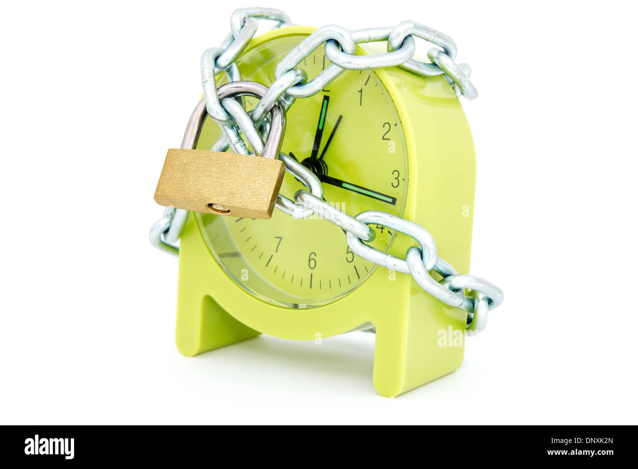 Stopping the time. Green clock with a chain and lock, isolated on white ...