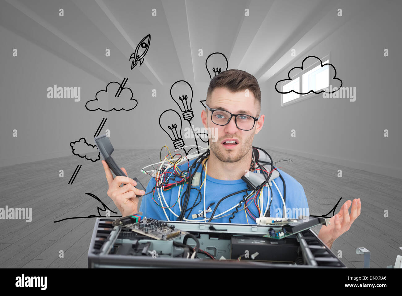 Composite image of confused it professional with cables and phone in ...