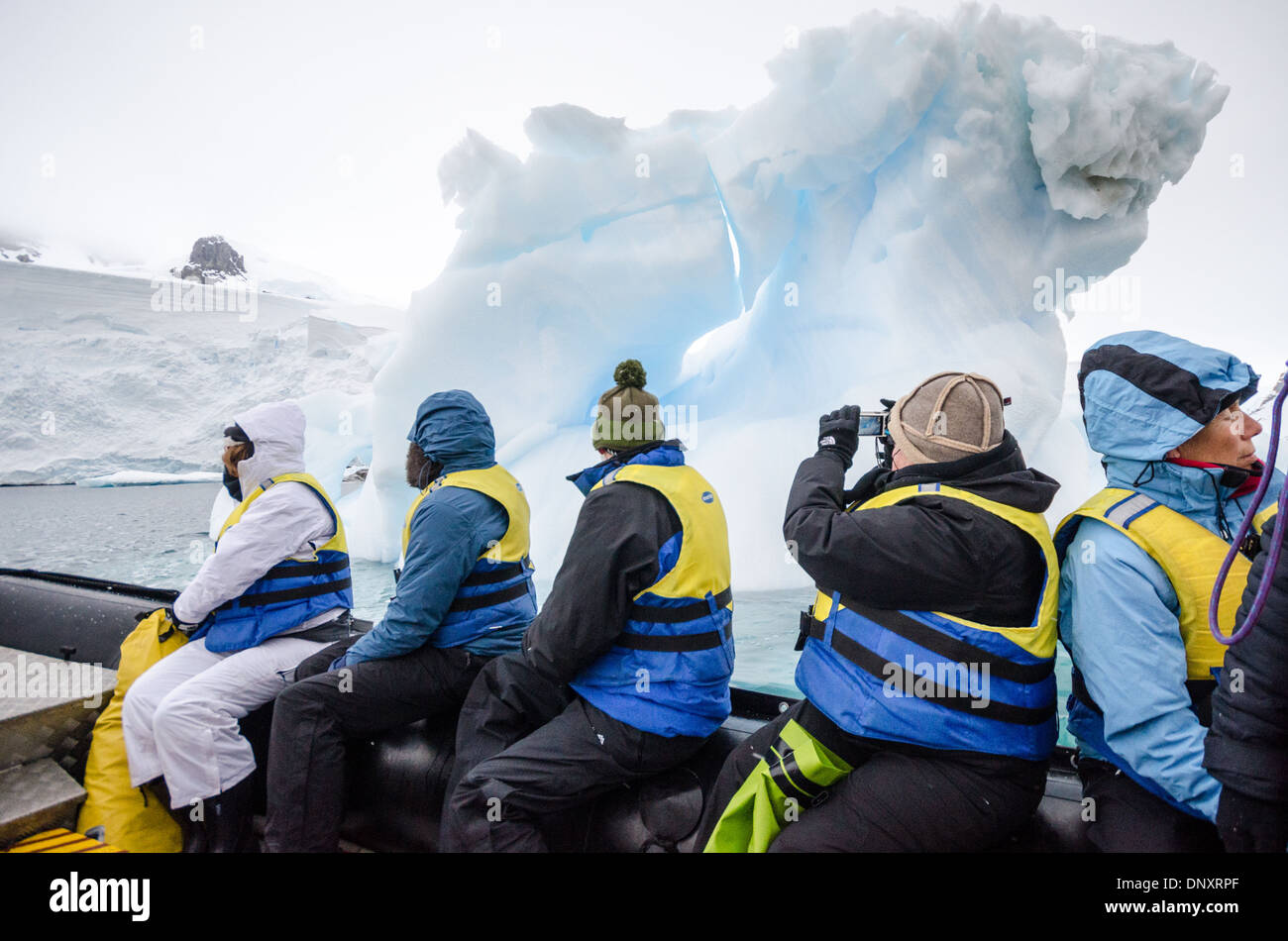 ANTARCTICA - A group of tourists cruise on the side of an inflatable ...