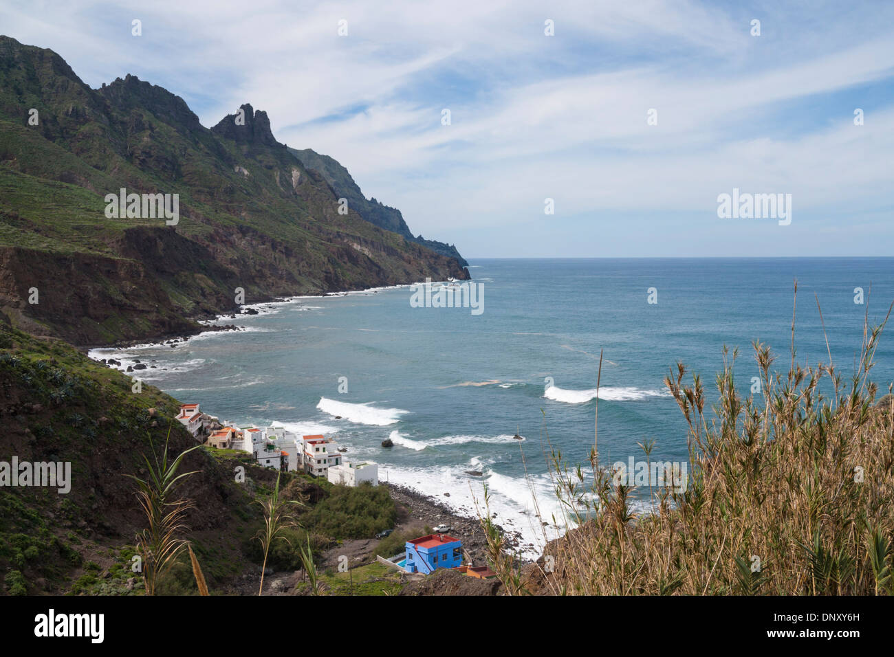 View over bar and houses on Taganana beach. Parque Rural de Anaga ...