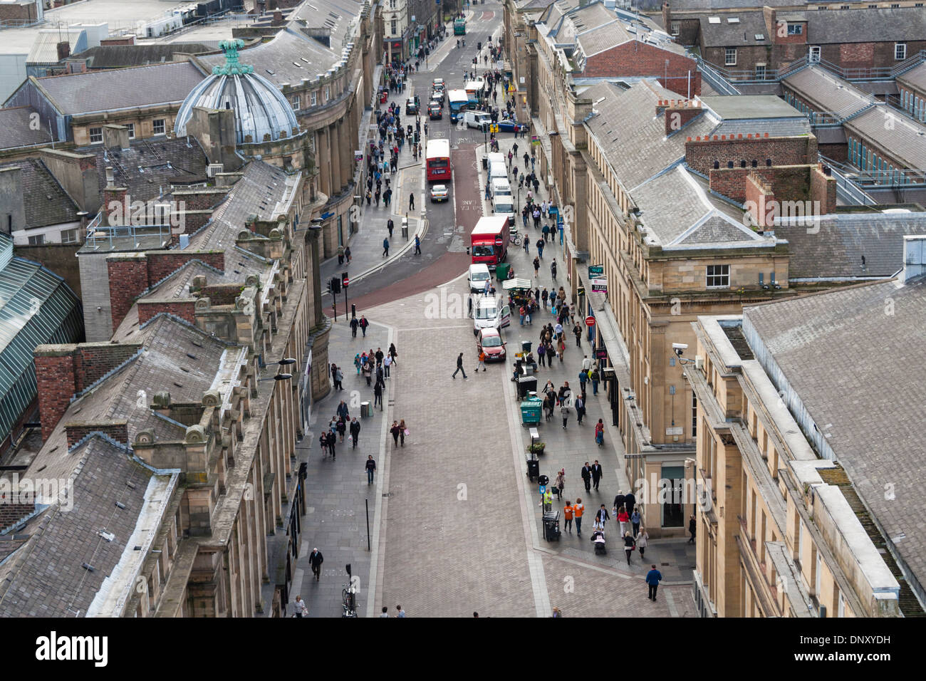 View over Grainger street from the top of Grey`s Monument in Newcastle ...