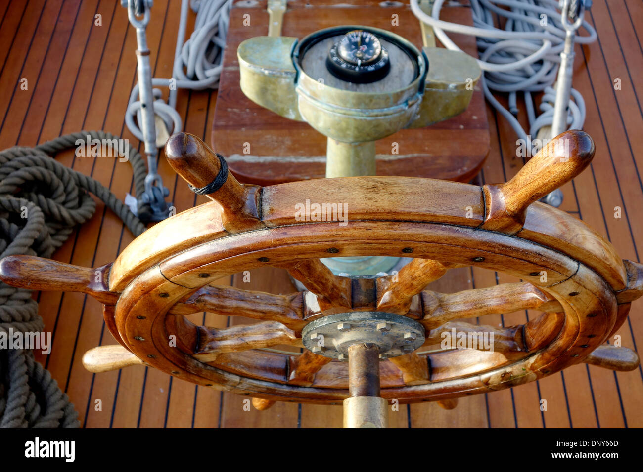 Classic wooden helm wheel and a compass on a schooner Stock Photo - Alamy