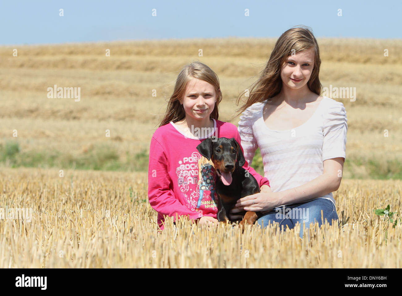 Dog Dobermann / Doberman Pinscher puppy with two children Stock Photo ...