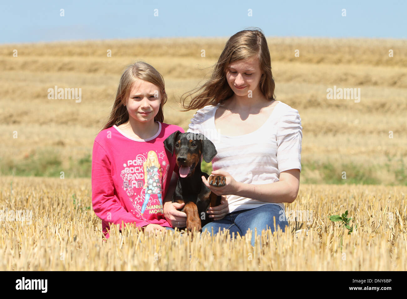 Dog Dobermann / Doberman Pinscher puppy with two children Stock Photo ...