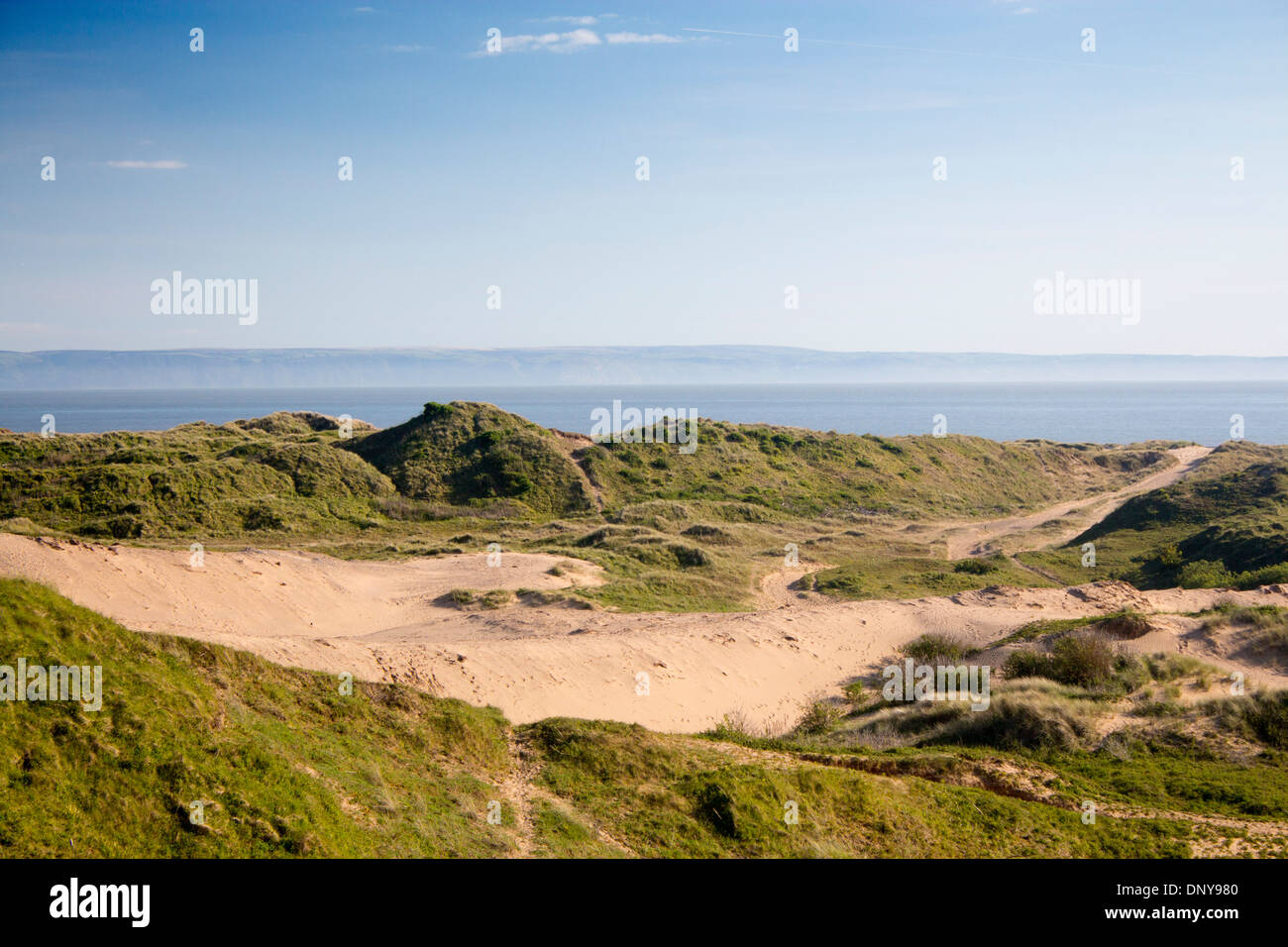 Merthyr Mawr Warren sand dunes with view to Bristol Channel sea and ...