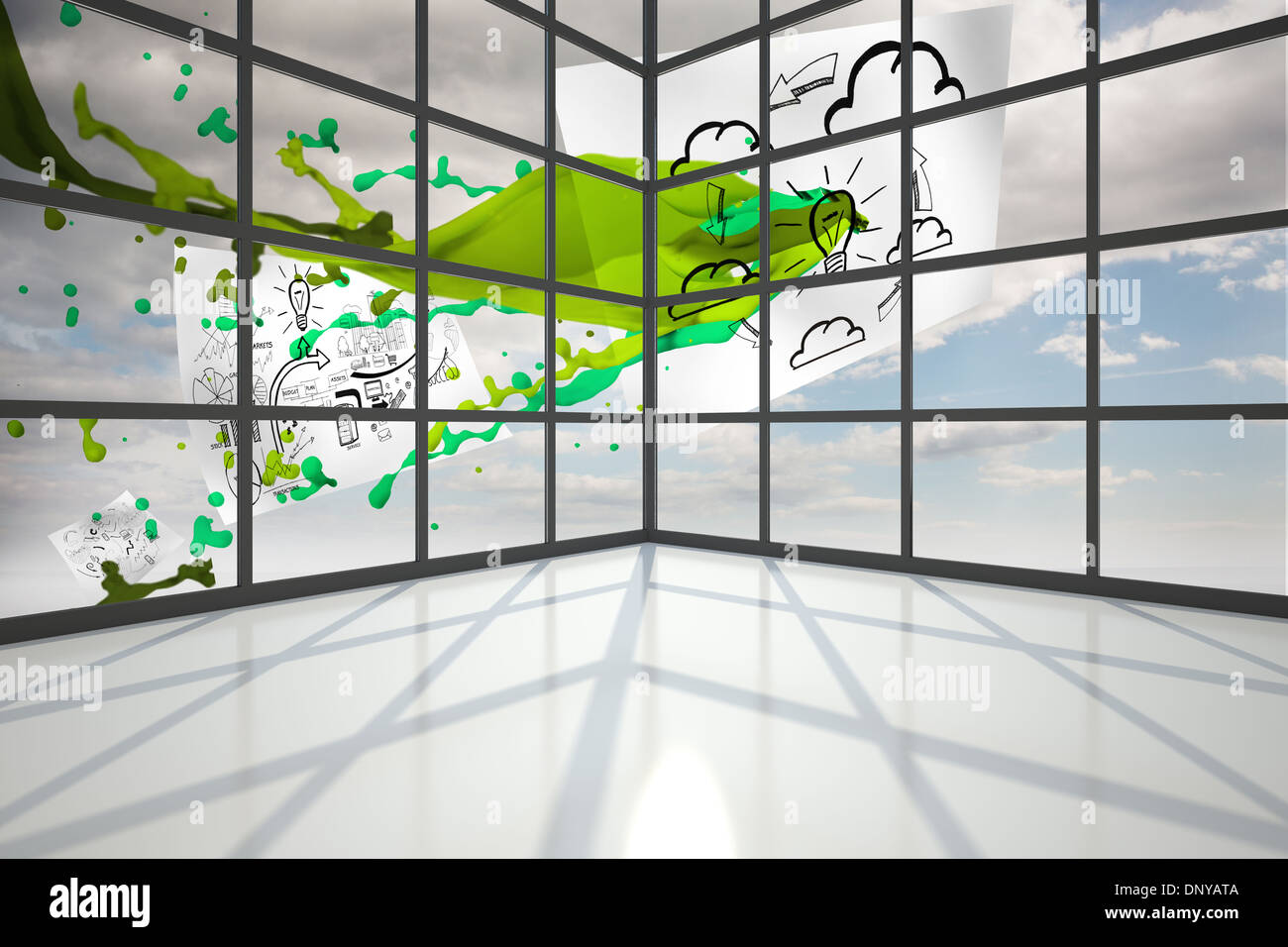 Business papers flying past window Stock Photo - Alamy