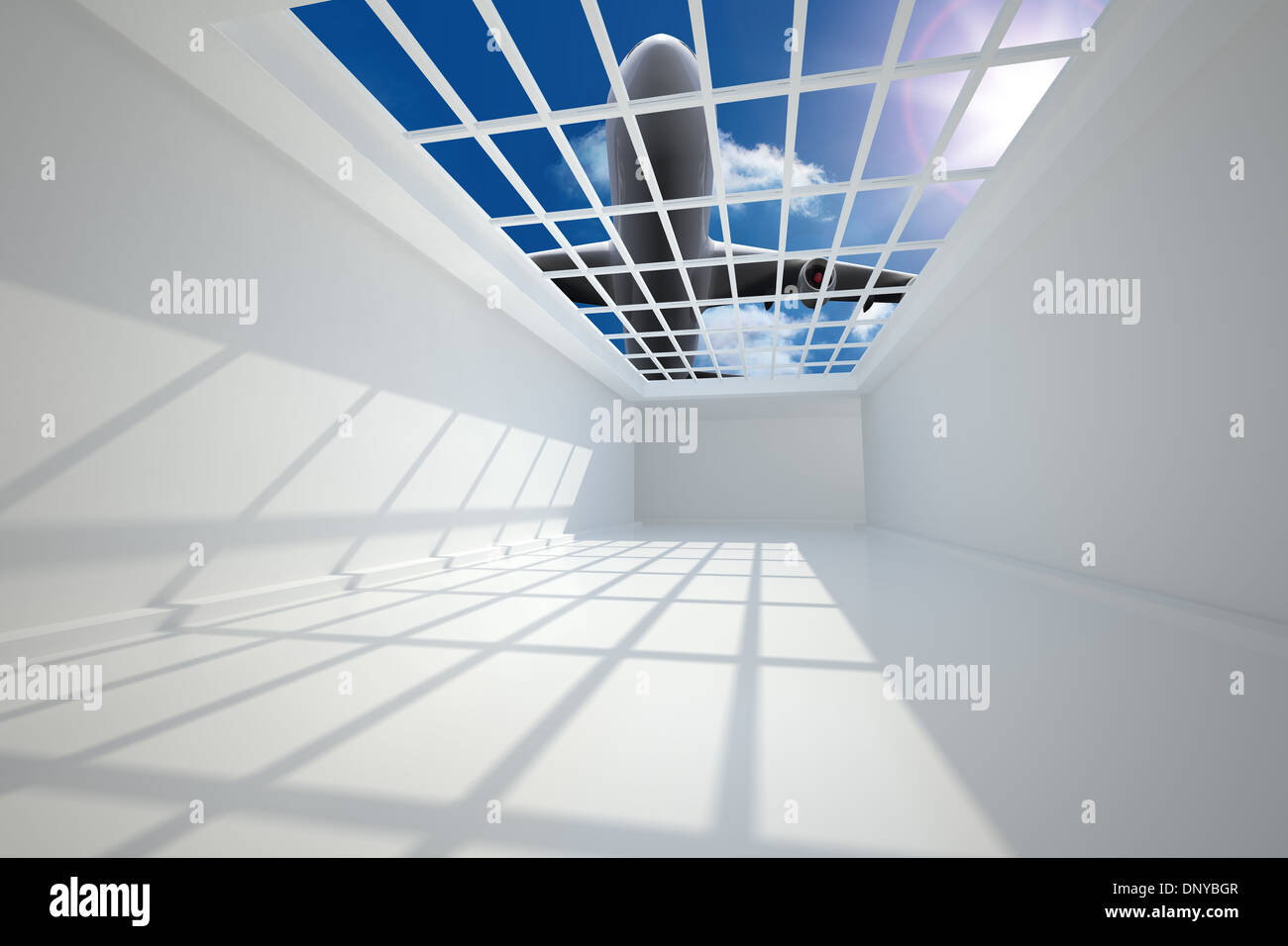Airplane flying over window Stock Photo - Alamy