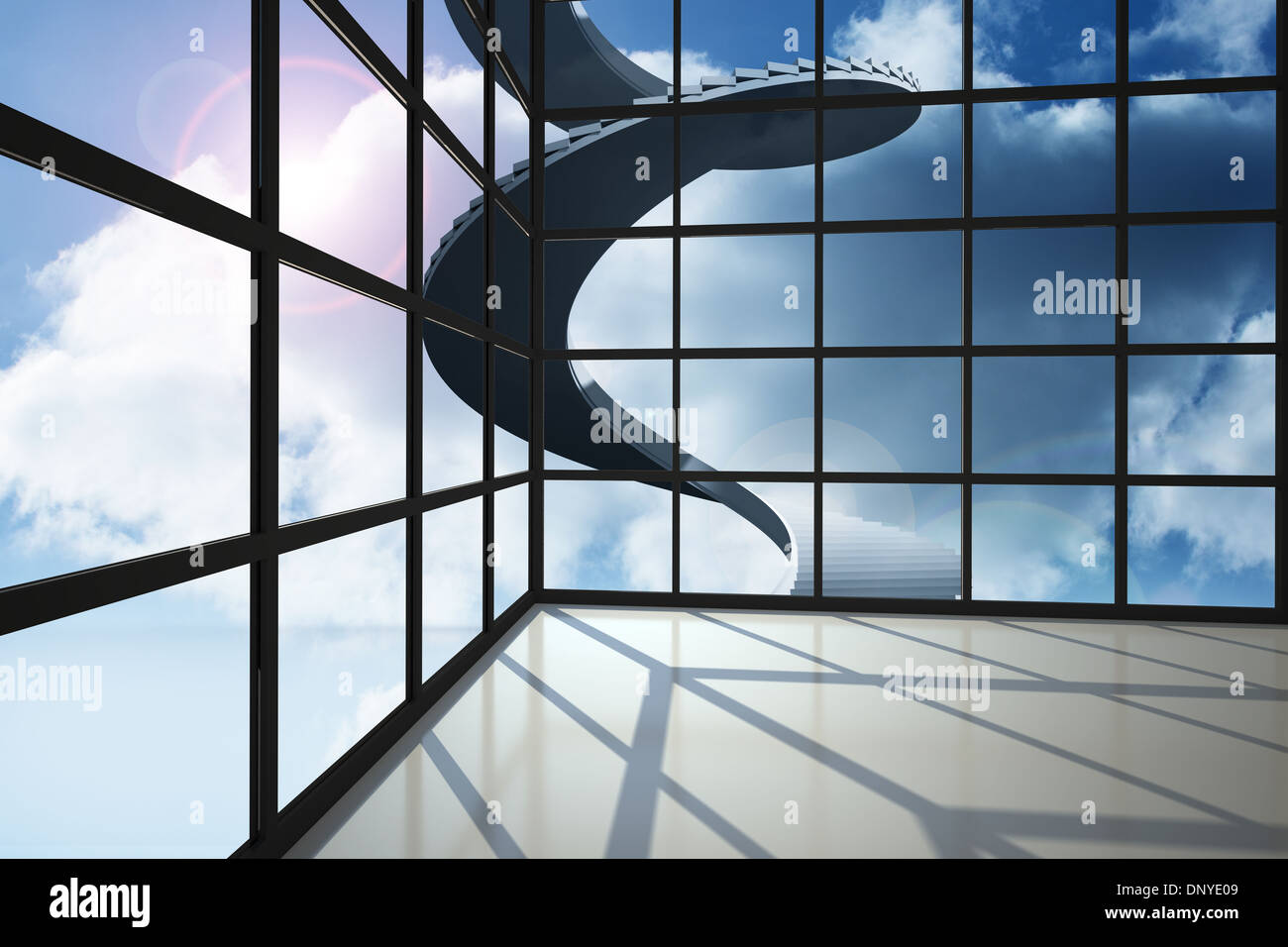 Staircase in blue sky seen through window Stock Photo - Alamy