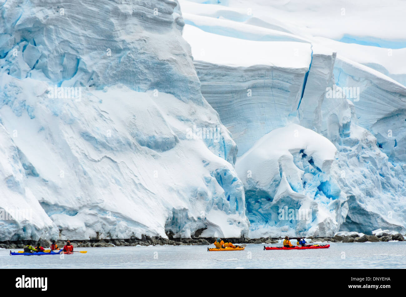 Glacial Ice Cliffs Kayakers Melchior Island Antarctica Peninsula // Kayakers paddle past massive ...