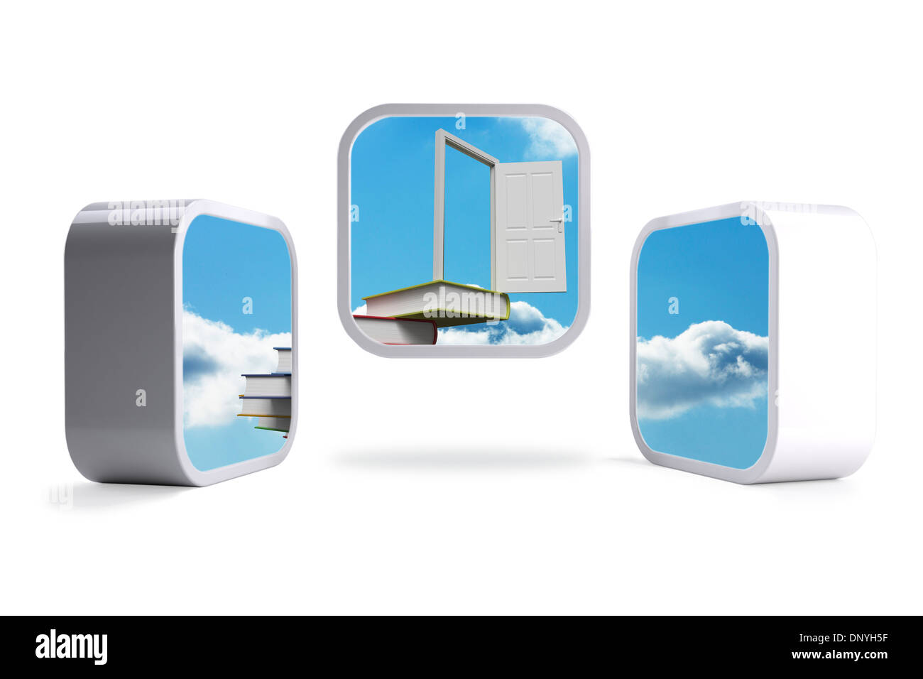 Open door on abstract screen against room with large window showing ...