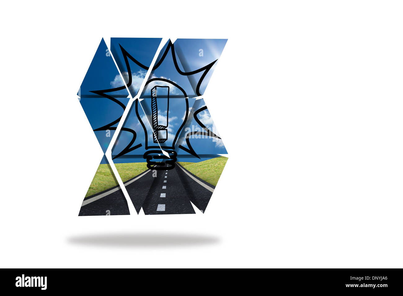 Exclamation mark in light bulb on abstract screen against tiny figures ...