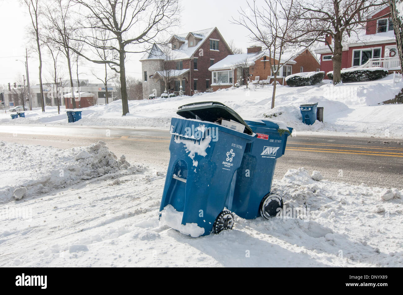 Chicago, Illinois, 6 January 2014. In the western suburbs, trash awaits ...