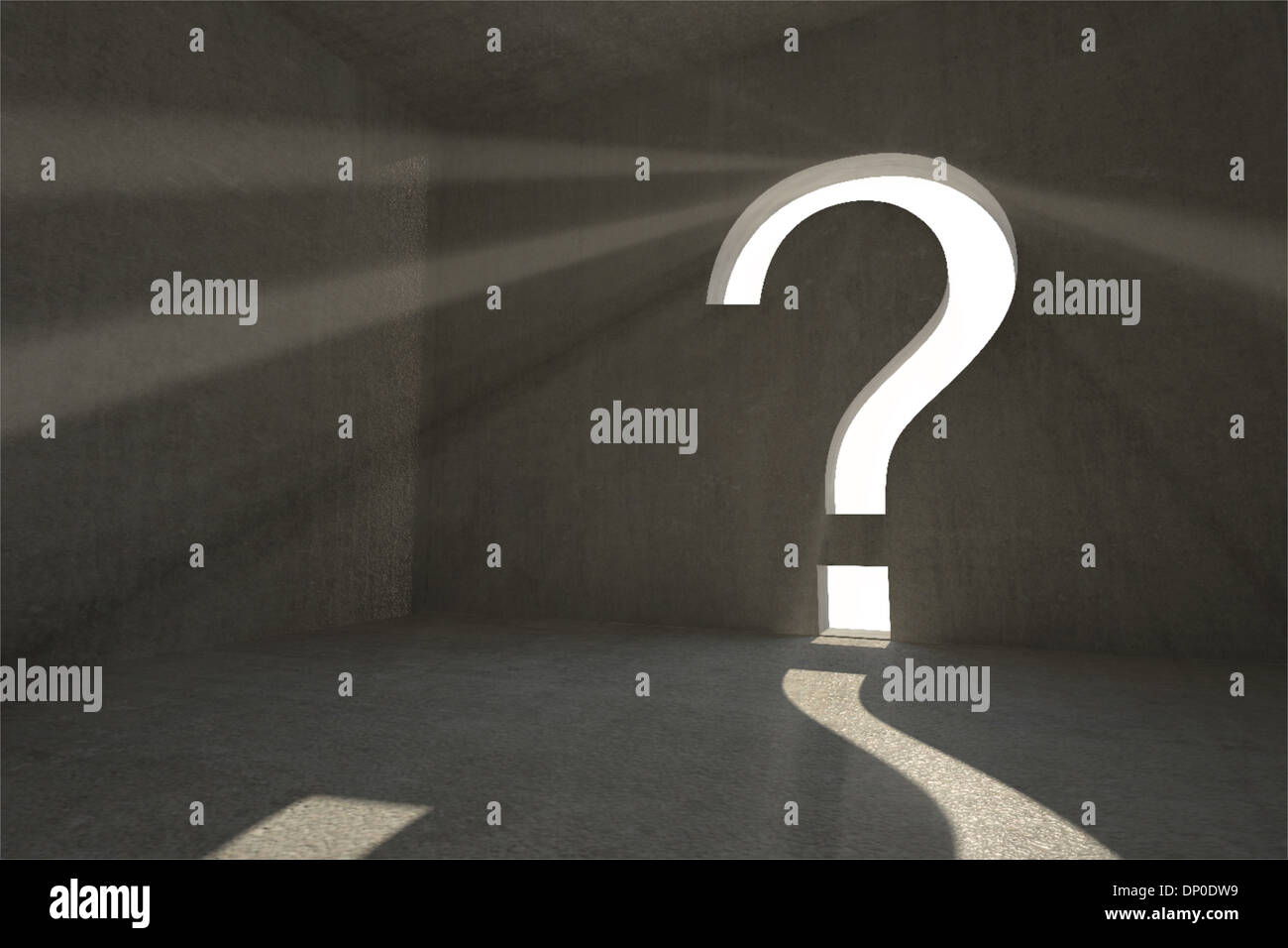 Grey room with question mark door Stock Photo - Alamy