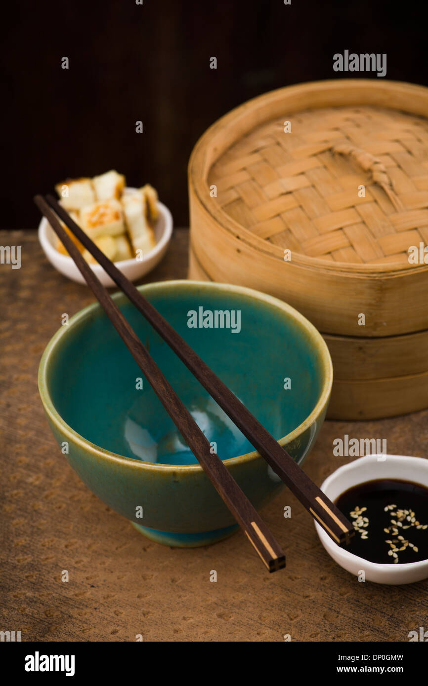Empty Bowl for Rice with steamer and soy Stock Photo - Alamy