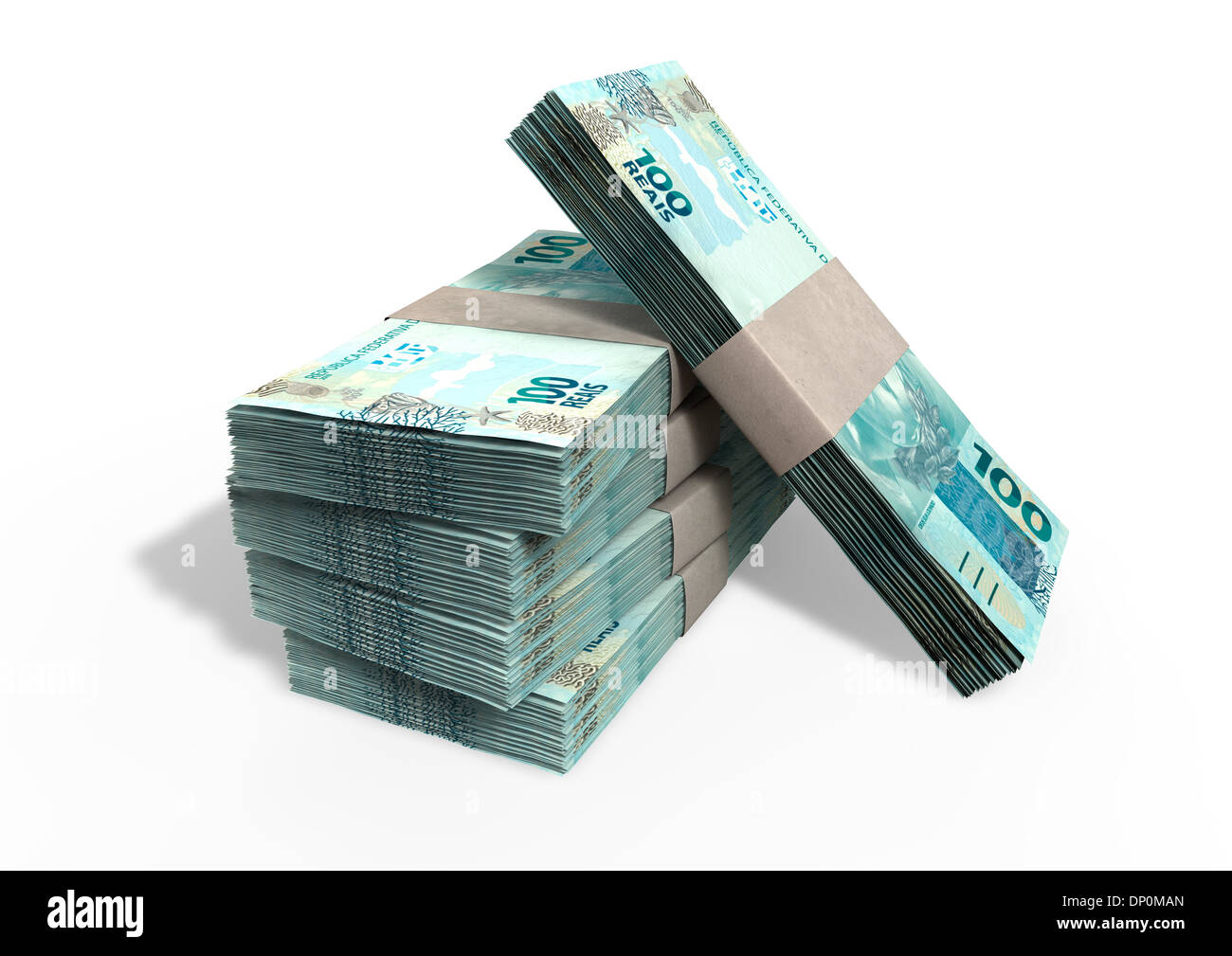 A stack of bundled brazilian real banknotes on an isolated background ...