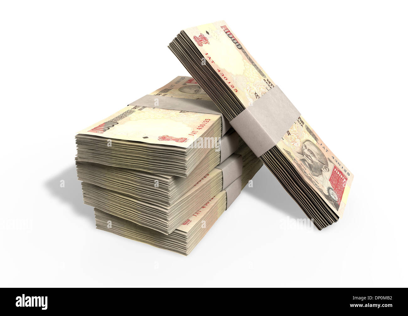 A stack of bundled one thousand rupee banknotes on an isolated ...