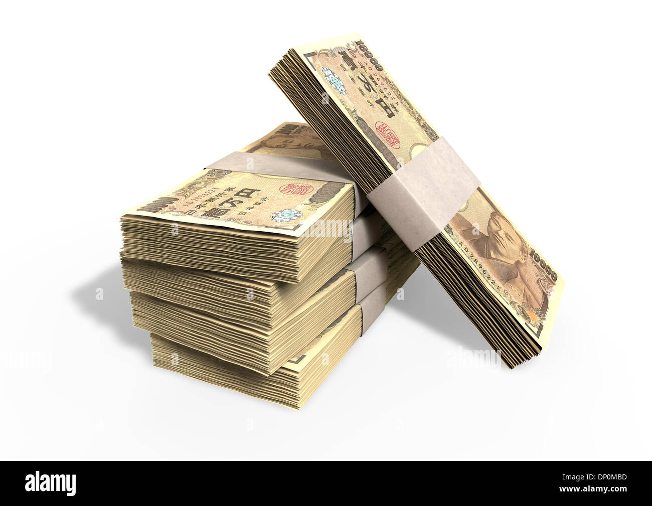 A stack of bundled japanese yen banknotes on an isolated background ...