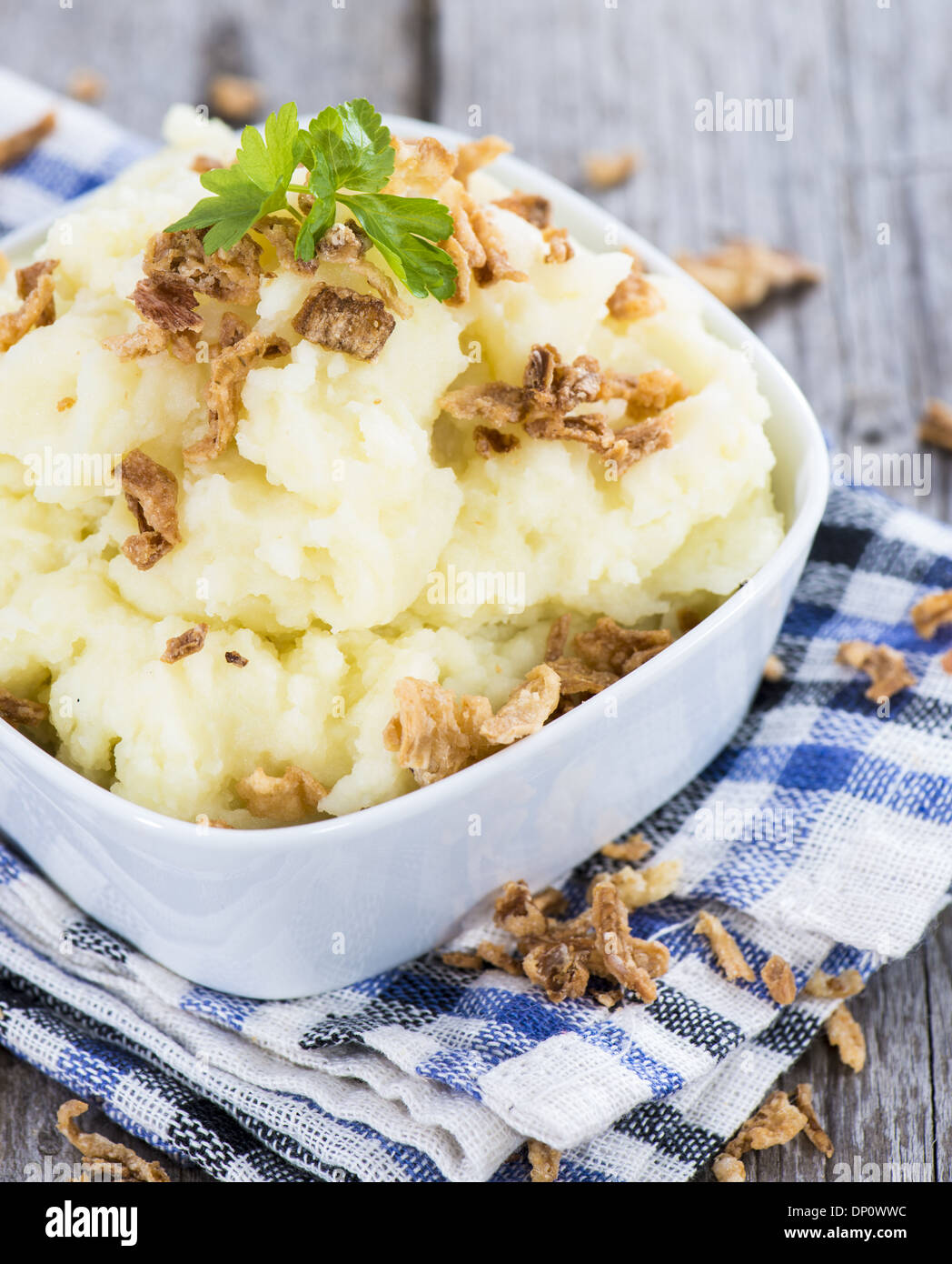Fresh made Mashed Potatoes on vintage background Stock Photo - Alamy