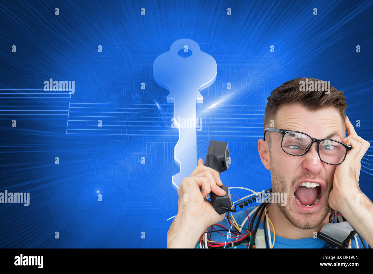 Composite image of frustrated computer engineer screaming while on call ...