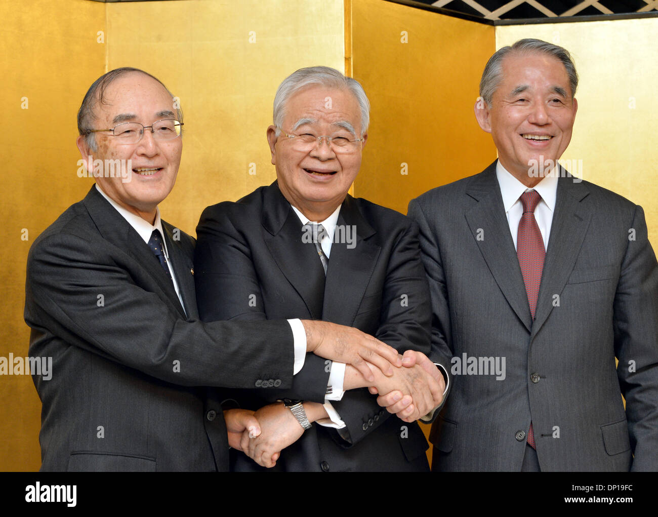Tokyo, Japan. 7th Jan, 2014. Leaders of Japan's three major business ...