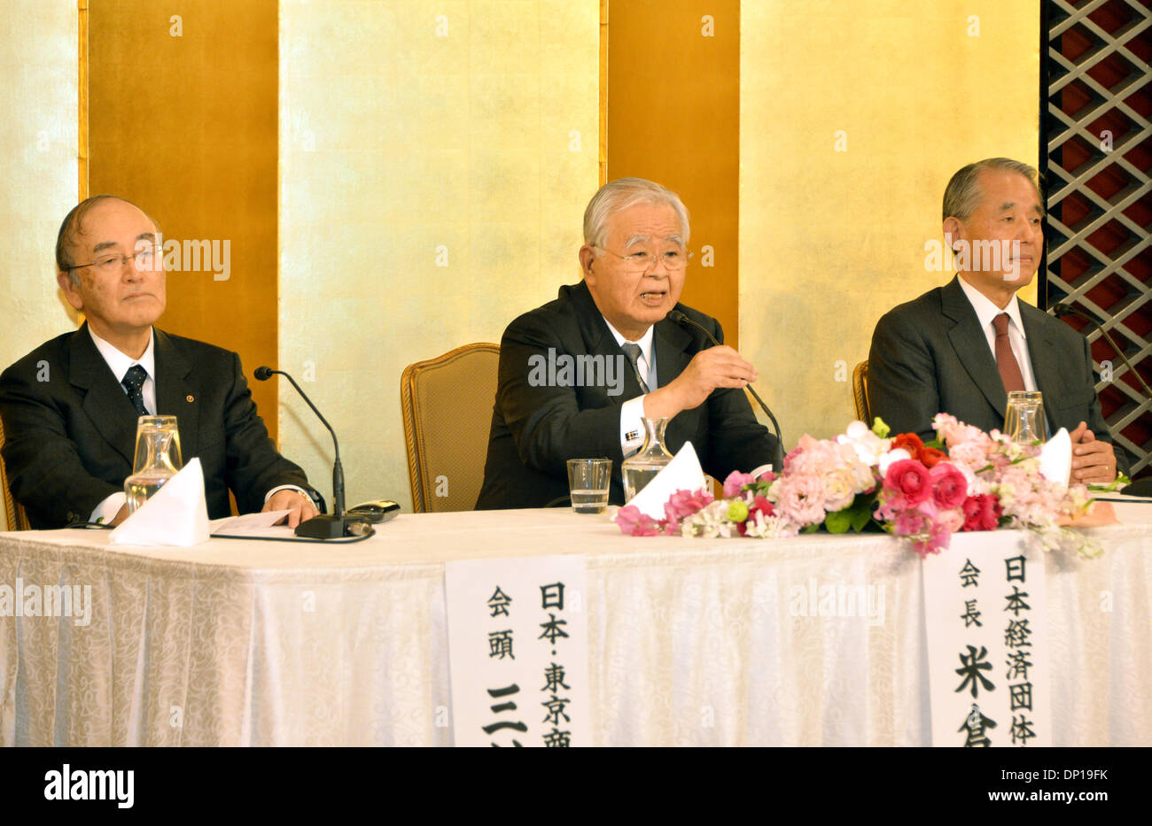 Tokyo, Japan. 7th Jan, 2014. Leaders of Japan's three major business ...
