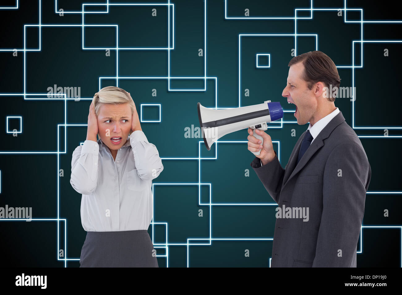 Composite image of businessman shouting at colleague with his bullhorn ...