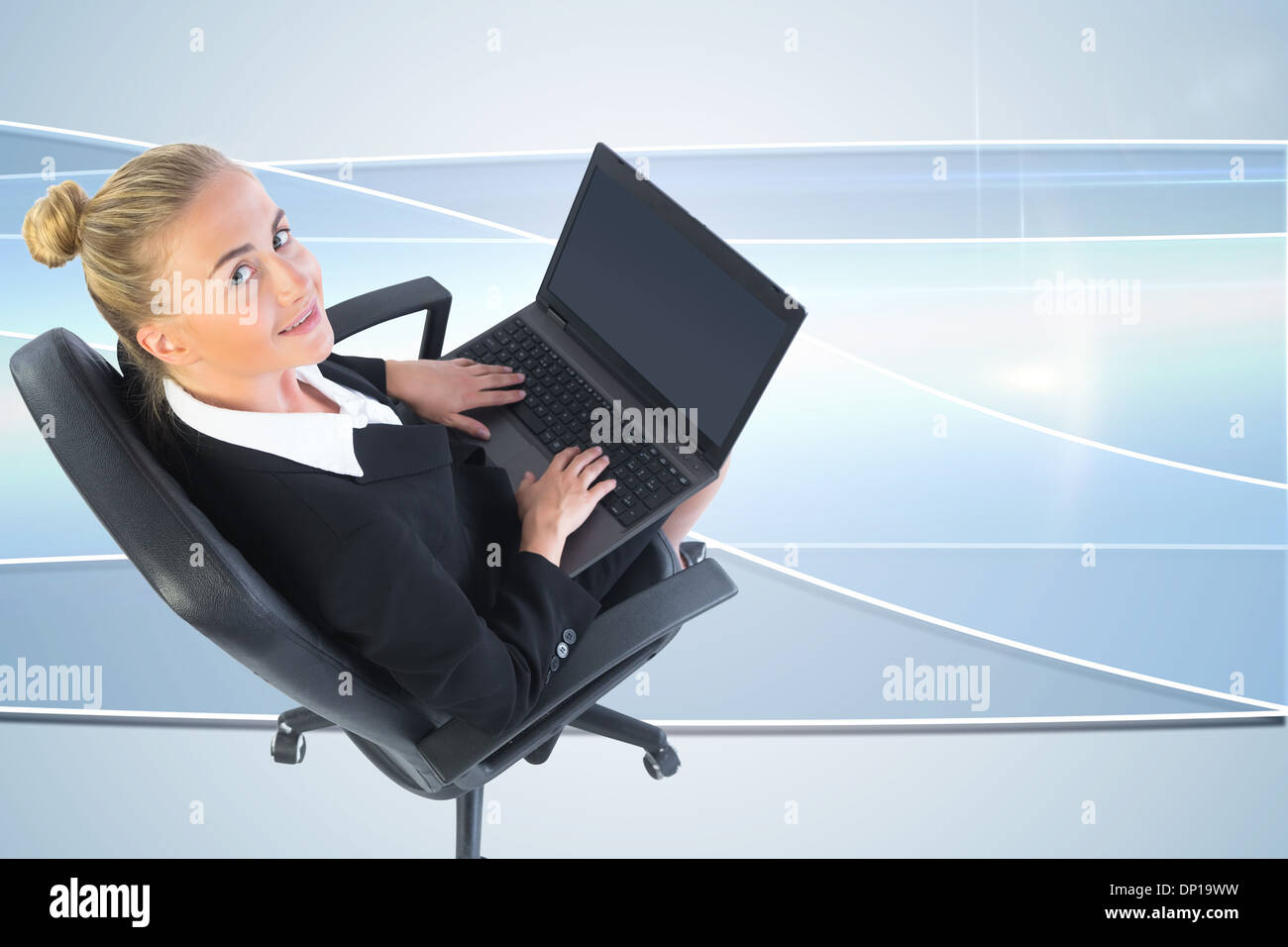 Composite image of businesswoman sitting on swivel chair with laptop ...