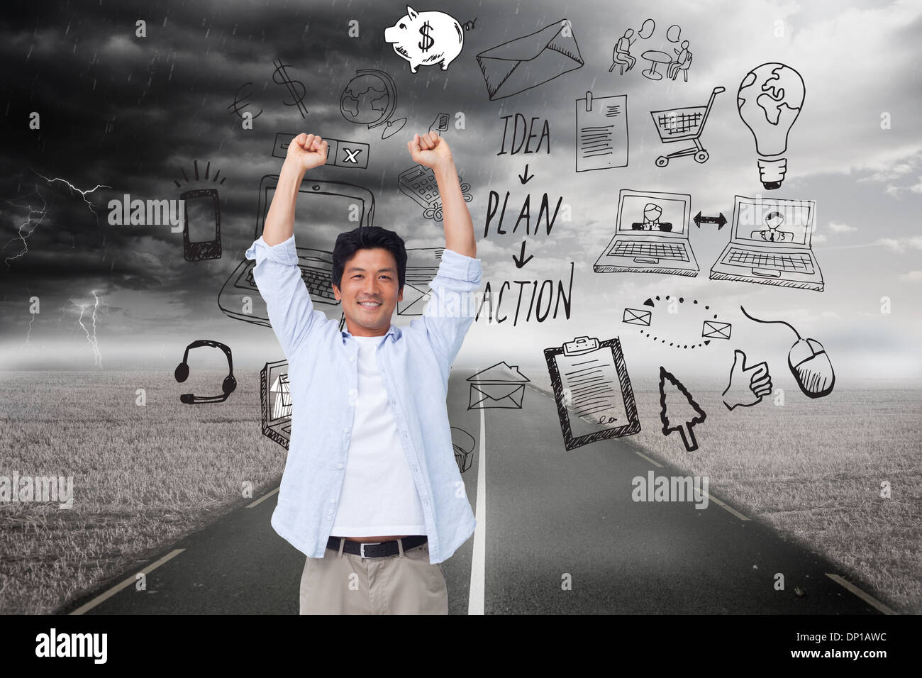 Composite image of cheering male with arms up Stock Photo - Alamy