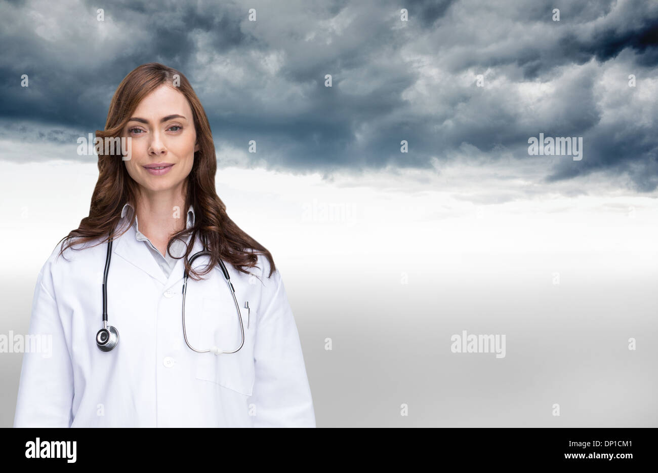 Composite image of happy brunette doctor looking at camera Stock Photo ...