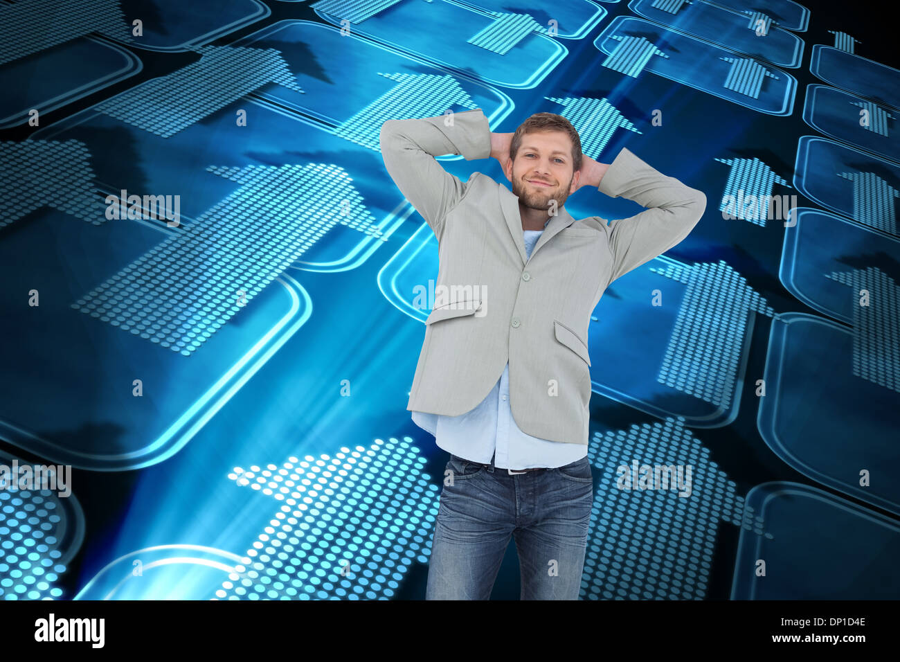 Composite image of suave man in a blazer with hands behind head looking ...