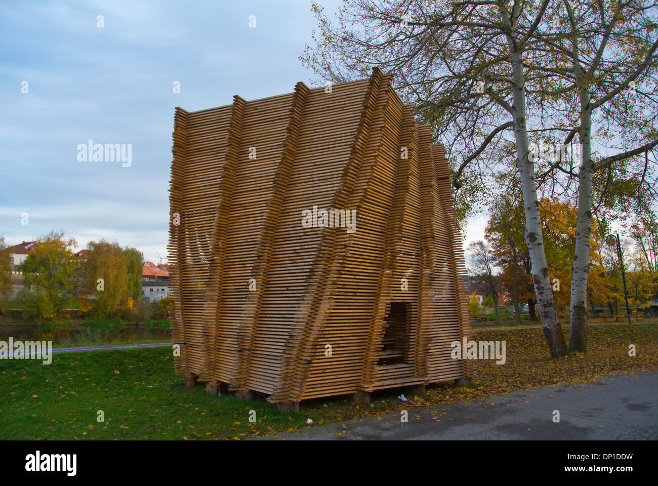 Wooden viewing platform tower by River Otava, Pisek town South Bohemia ...