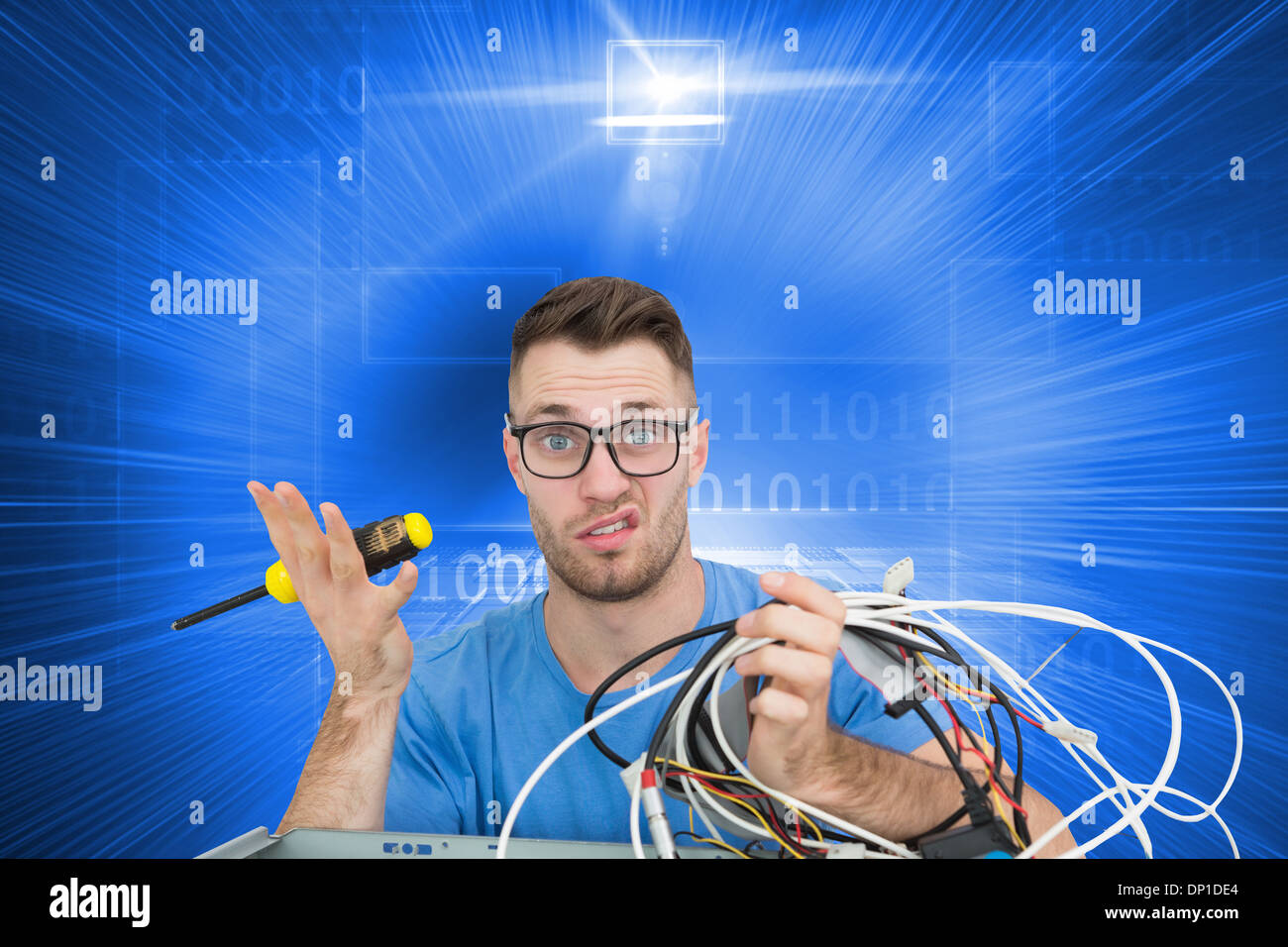 Composite image of portrait of confused it professional with screw ...
