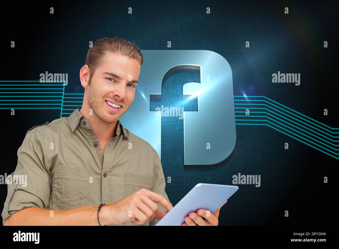 Composite image of happy man using tablet pc Stock Photo - Alamy