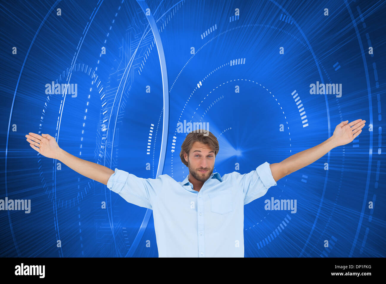 Composite image of handsome man raising hands Stock Photo - Alamy