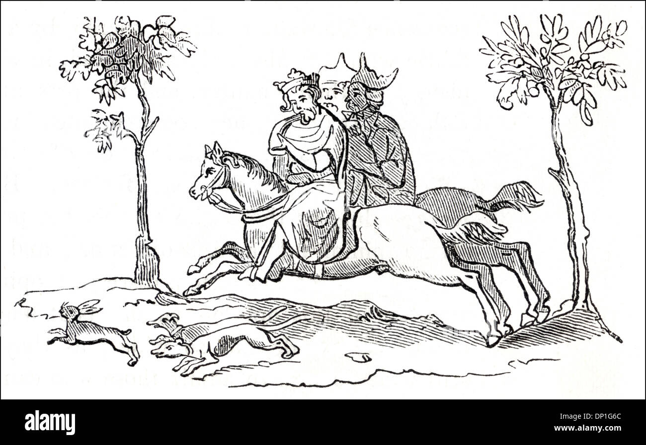 Medieval Royalty hunting rabbits with hounds. Victorian woodcut circa ...