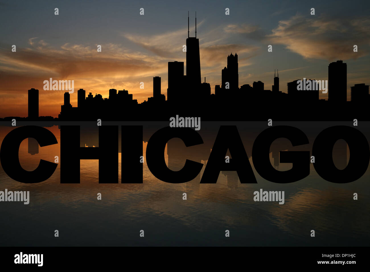 Chicago skyline reflected with text and sunset illustration Stock Photo ...