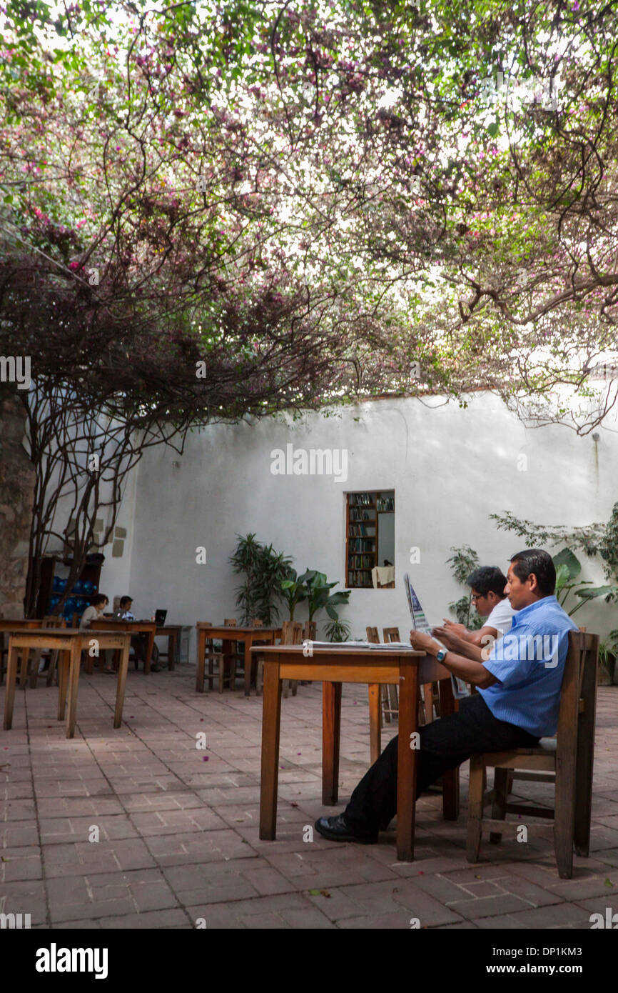 Patio in a library with people reading newspaper. Oaxaca, Oaxaca ...