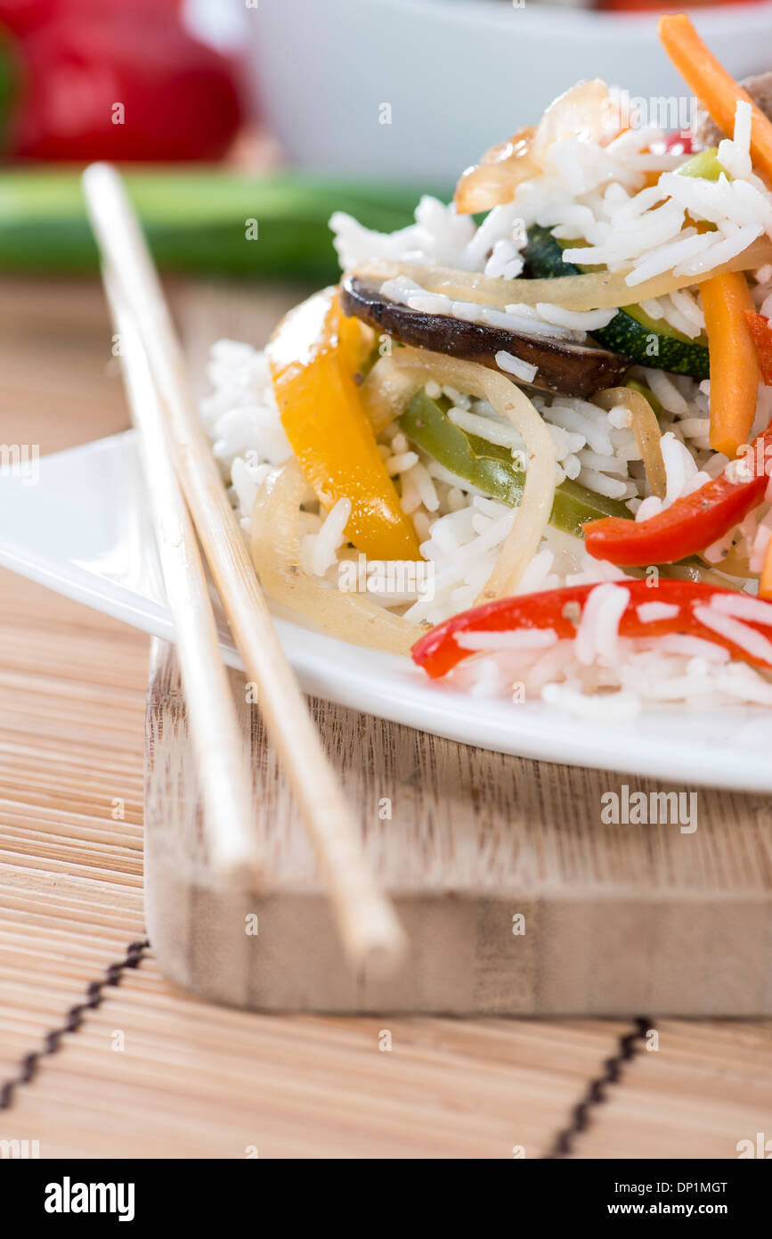 Portion of Rice with different Vegetables (close-up shot Stock Photo ...