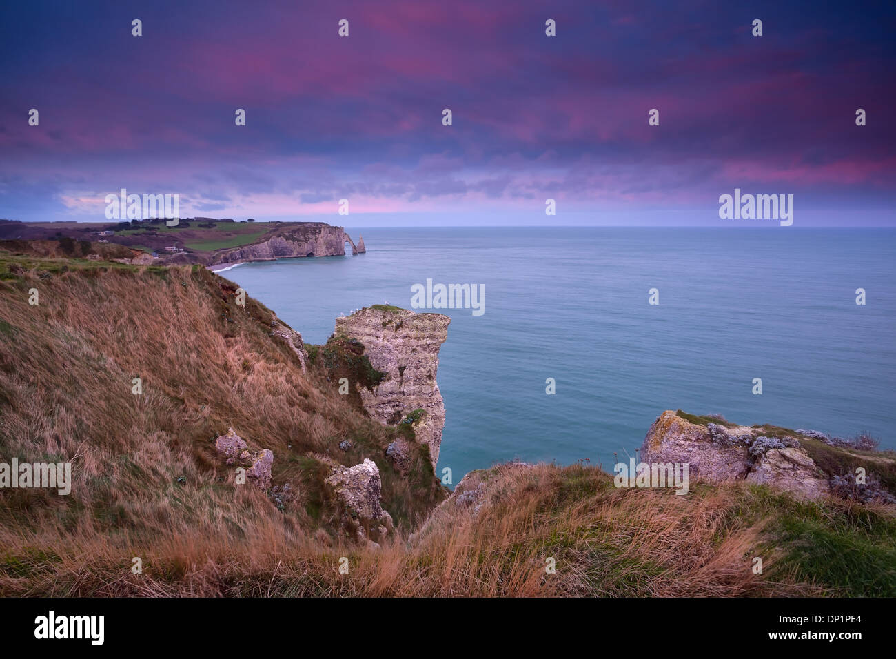 dramatic sunrise over Atlantic ocean, Etretat, Normandy, France Stock ...