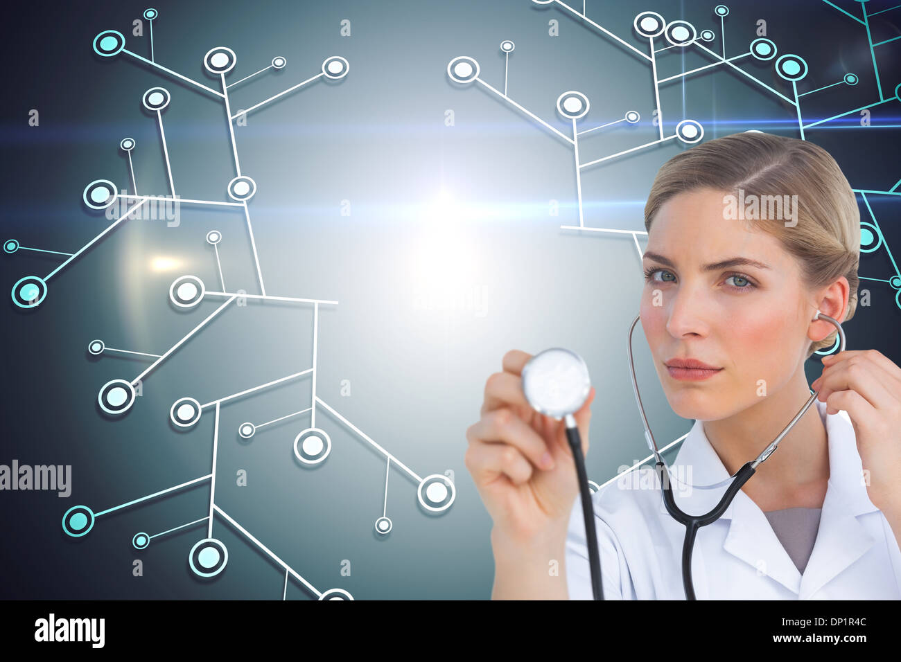 Composite image of serious nurse listening with stethoscope Stock Photo ...