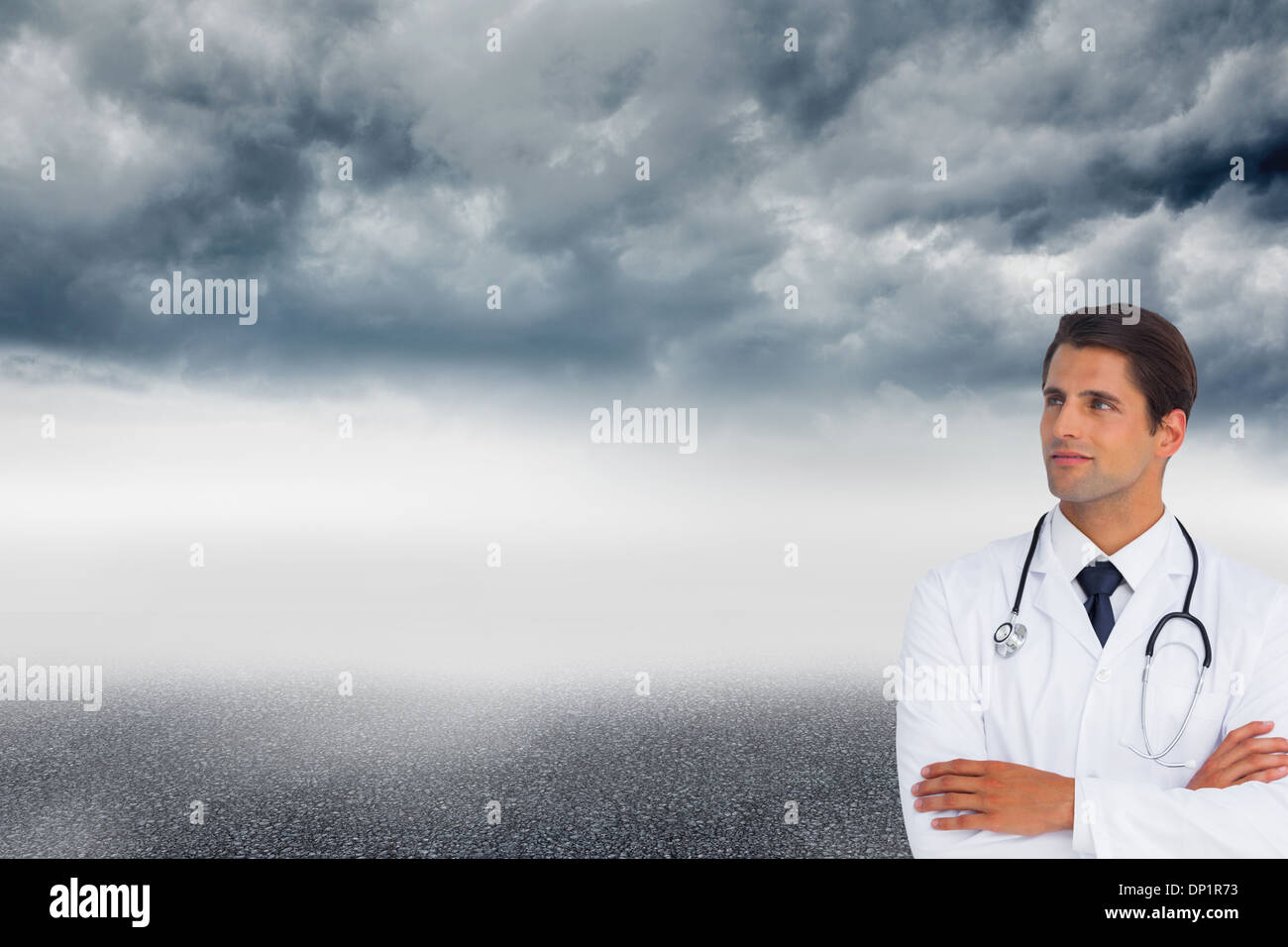Composite image of confident doctor with arms crossed looking up Stock ...