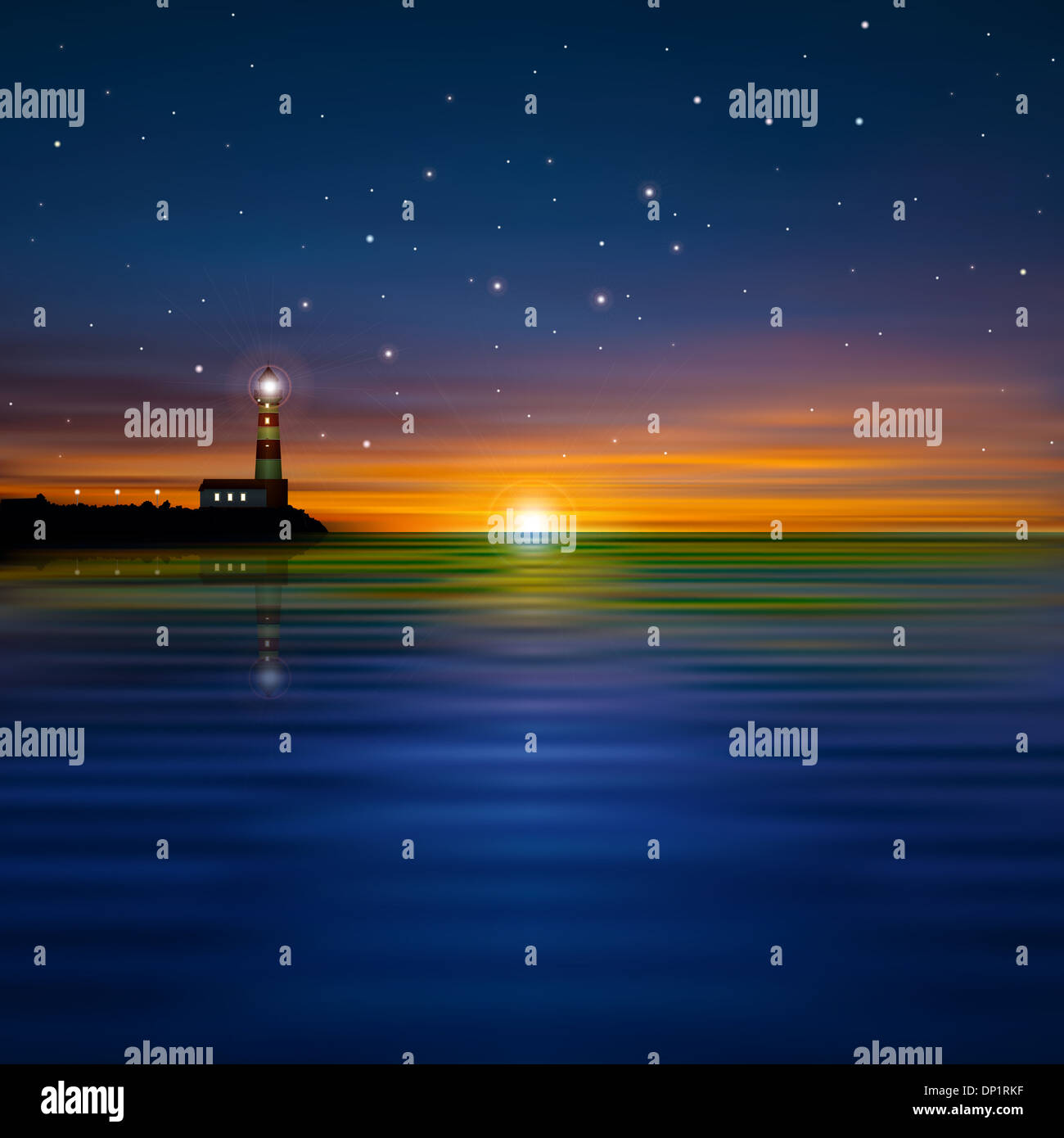 abstract dark sea background with lighthouse and sunrise Stock Photo ...