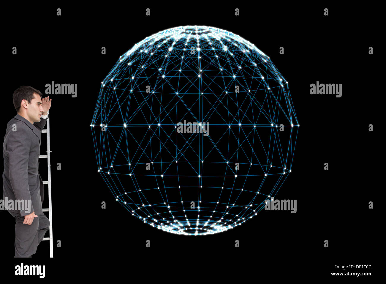 Composite image of stern businessman standing on ladder Stock Photo - Alamy